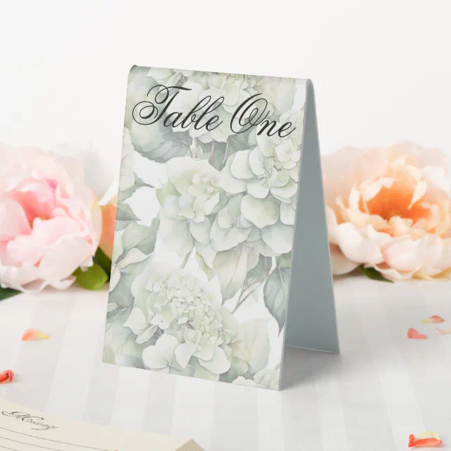 Elegant white green watercolor floral hydrangeas table tent sign | Zazzle Elegant white green watercolor floral hydrangeas table tent sign | Zazzle