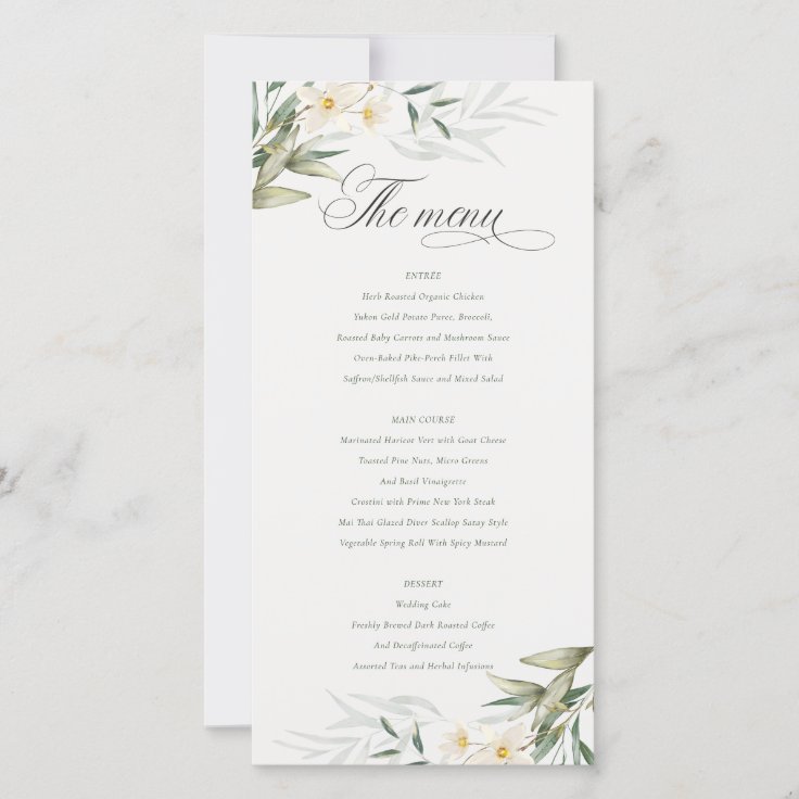 Elegant White Greenery Floral Wedding Menu Card | Zazzle