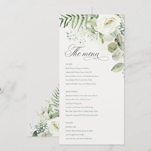 Elegant White Greenery Floral Wedding Menu Card | Zazzle