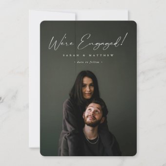 Elegant White Hand Written Script Engagement Photo Announcement | Zazzle