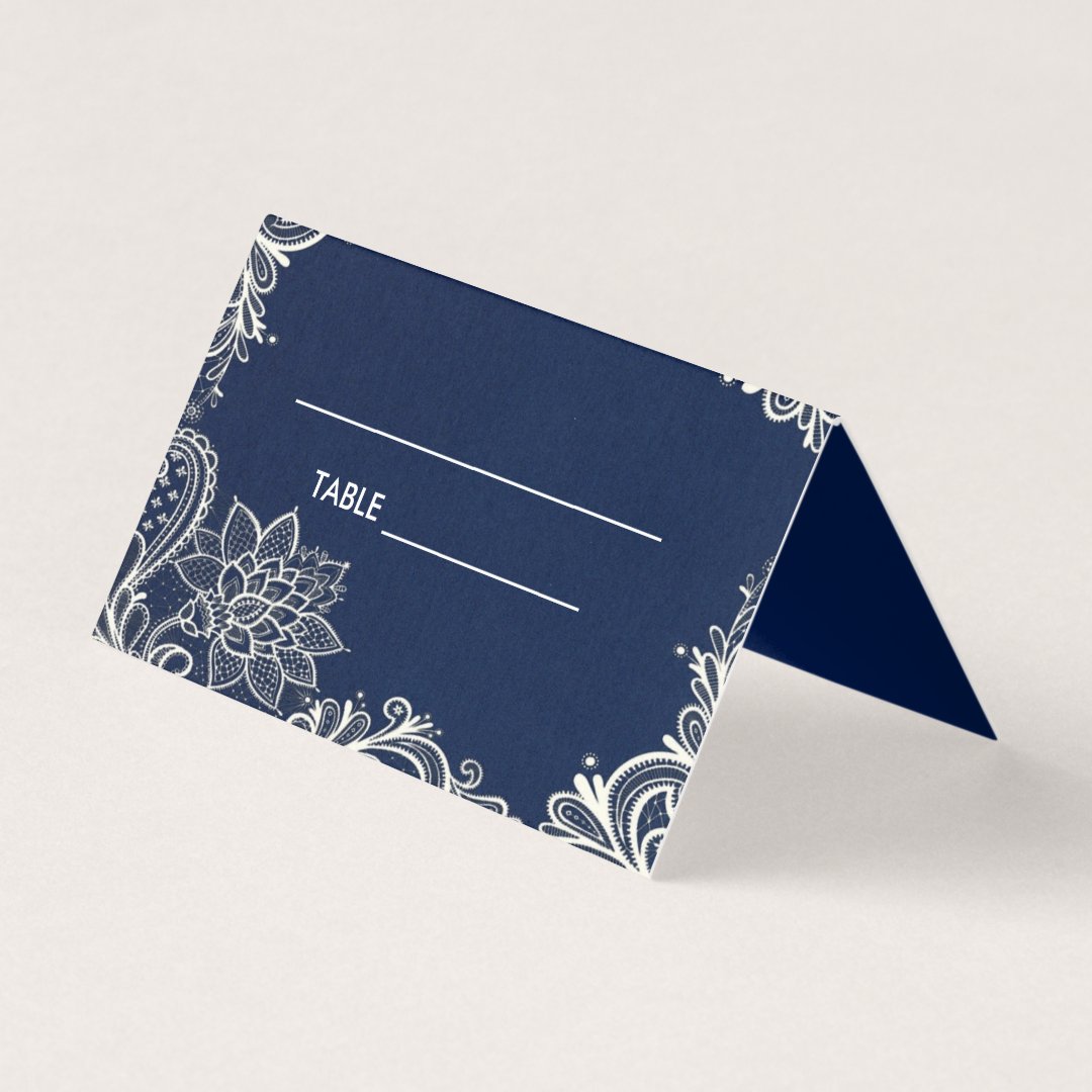 elegant white lace navy blue Place Card | Zazzle