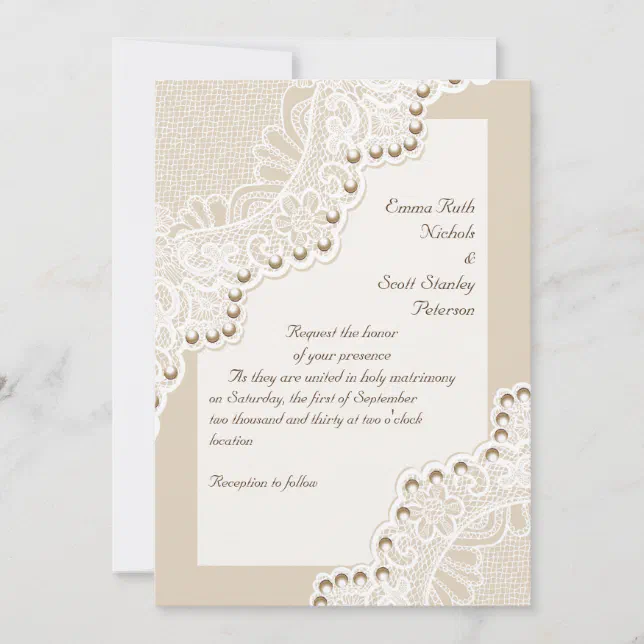 Elegant white lace with pearls wedding invitation | Zazzle