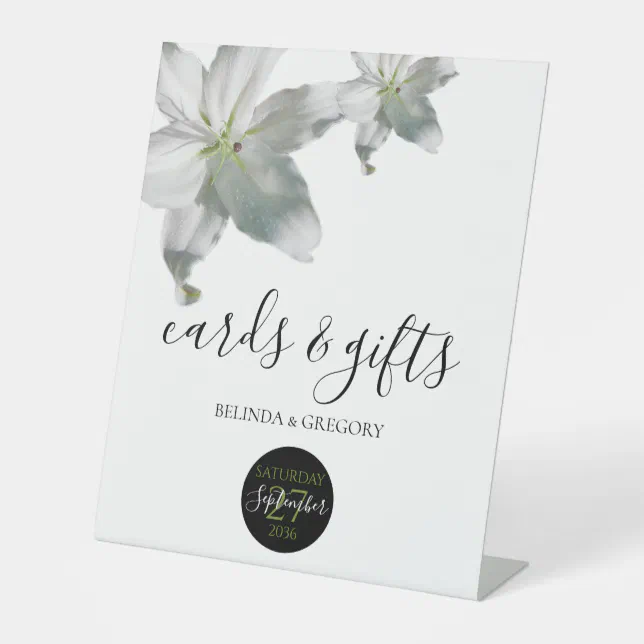 Elegant White Lilies Wedding Cards & Gifts Pedestal Sign | Zazzle