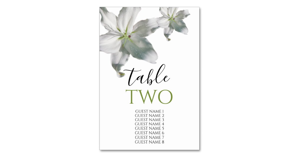Elegant White Lilies Wedding Guest Names Table Number | Zazzle