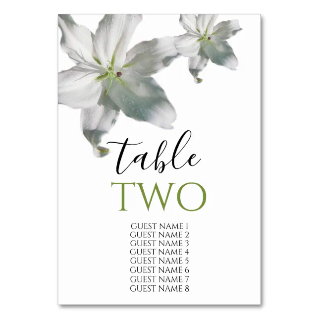 Elegant White Lilies Wedding Guest Names Table Number | Zazzle