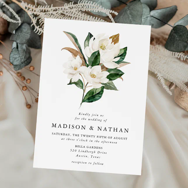 Elegant White Magnolias and Greenery Wedding Invitation | Zazzle