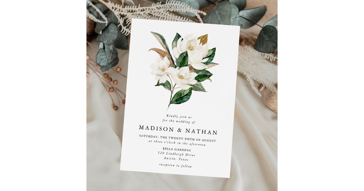 Elegant White Magnolias and Greenery Wedding Invitation | Zazzle