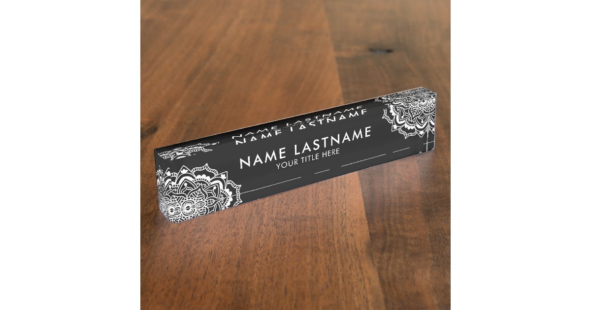 Elegant White Mandala Ornament on Black Title Desk Name Plate | Zazzle