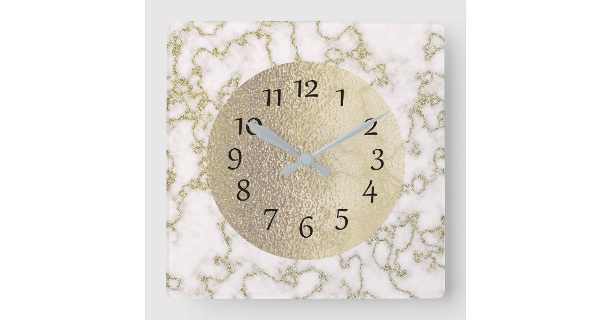 Elegant White Marble and Gold Square Wall Clock | Zazzle