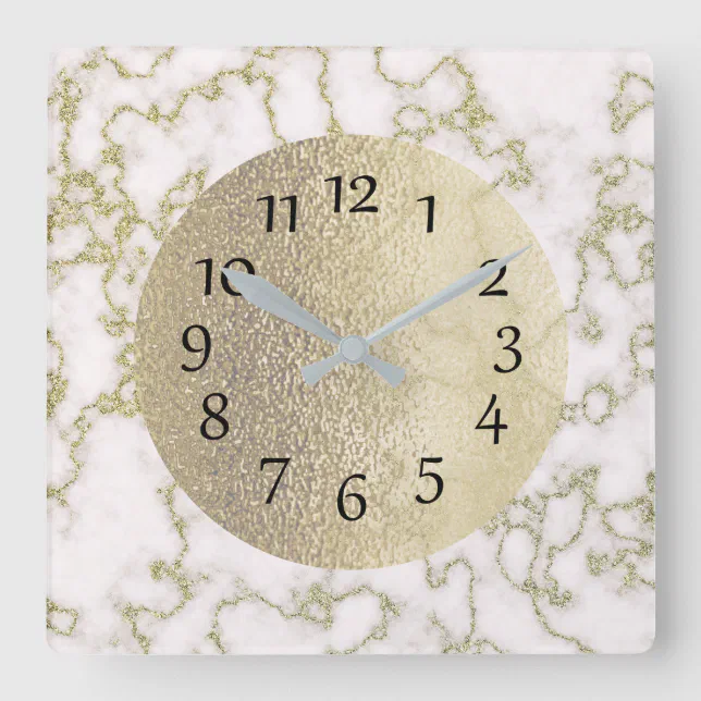Elegant White Marble and Gold Square Wall Clock | Zazzle