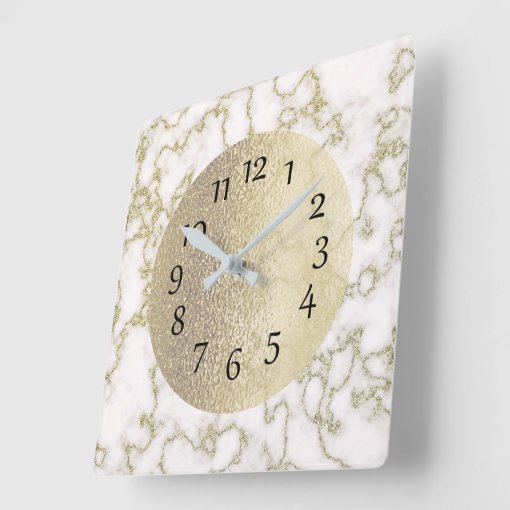 Elegant White Marble and Gold Square Wall Clock | Zazzle