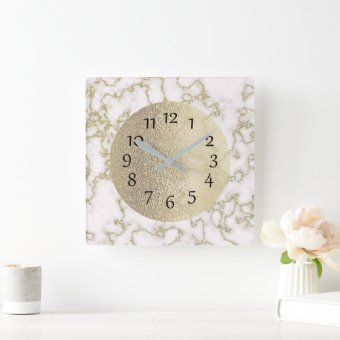 Elegant White Marble and Gold Square Wall Clock | Zazzle