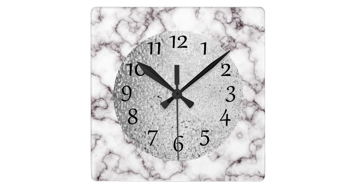 Elegant White Marble and Gray with Silver Square Wall Clock | Zazzle.com
