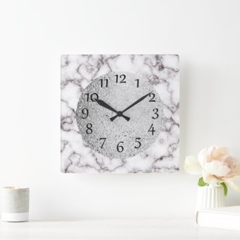 Elegant White Marble and Gray with Silver Square Wall Clock | Zazzle
