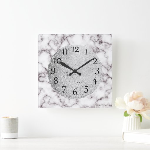 Elegant White Marble and Gray with Silver Square Wall Clock | Zazzle