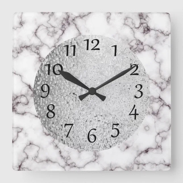 Elegant White Marble and Gray with Silver Square Wall Clock | Zazzle