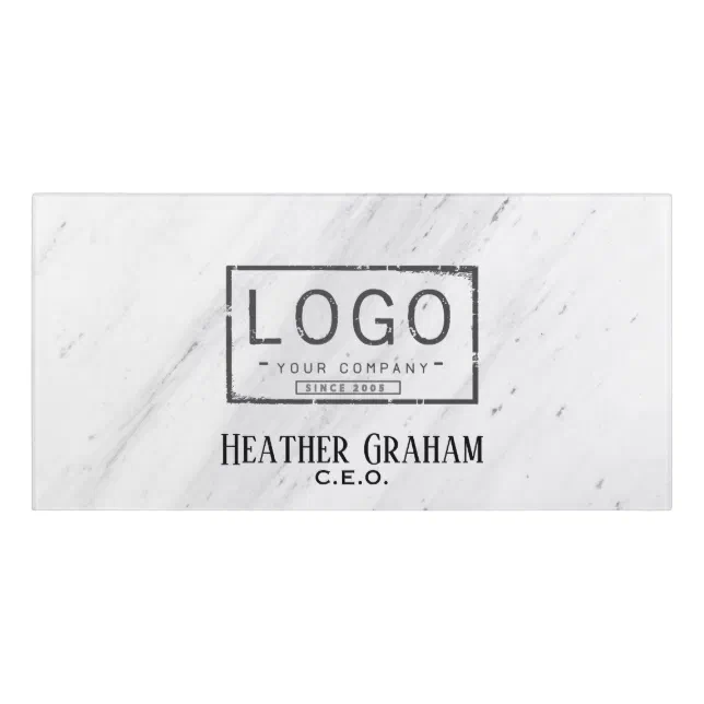Elegant white marble custom logo door sign | Zazzle