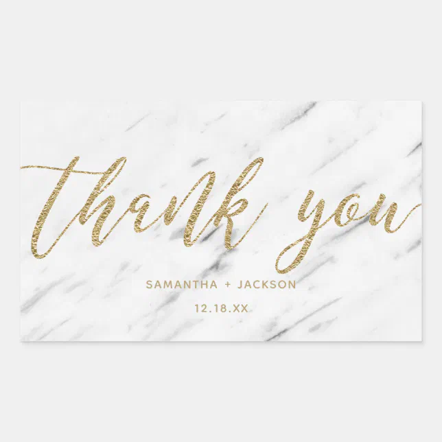 Elegant White Marble & Gold Foil Wedding Thank You Rectangular Sticker ...