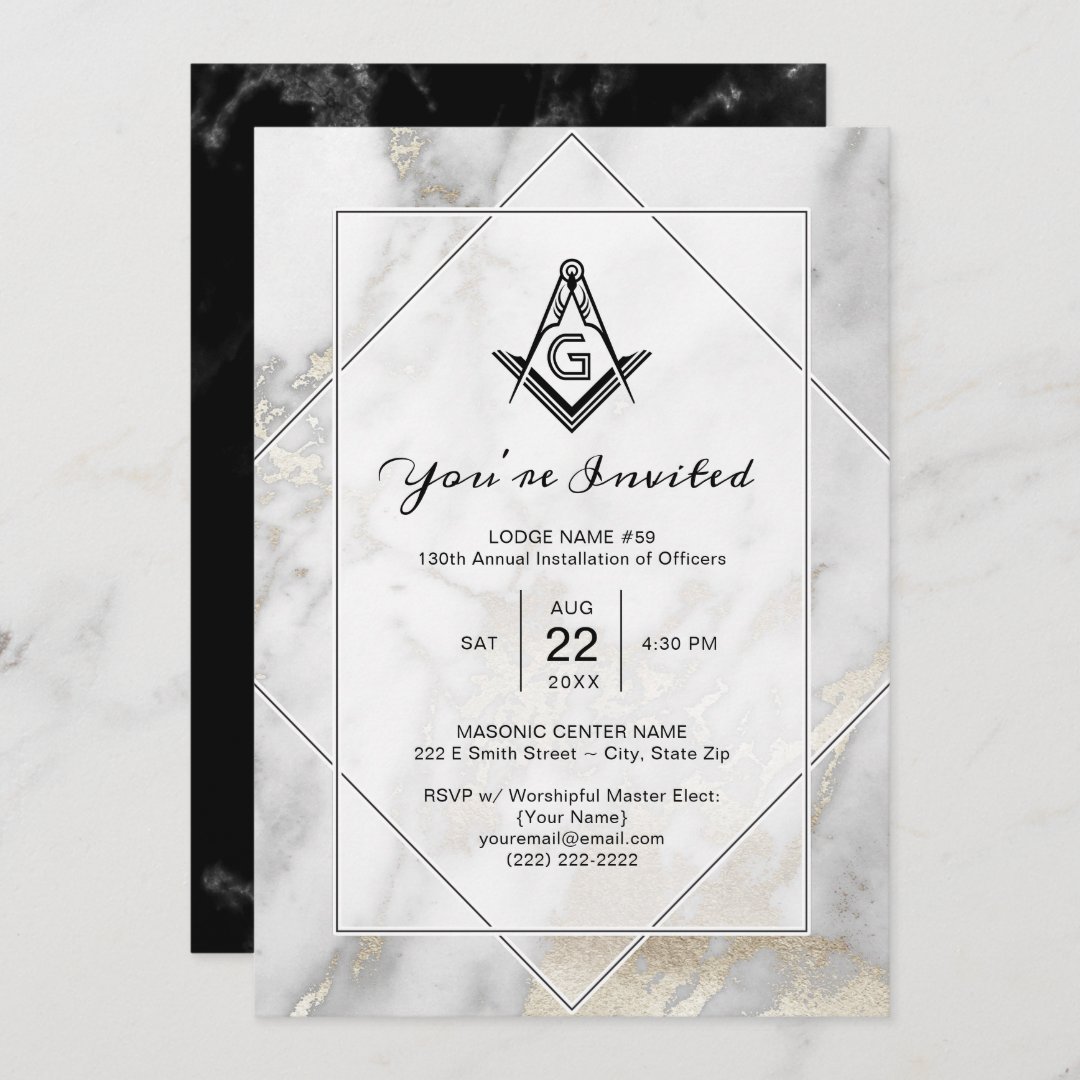 Elegant White Marble Gold Masonic Invitations | Zazzle