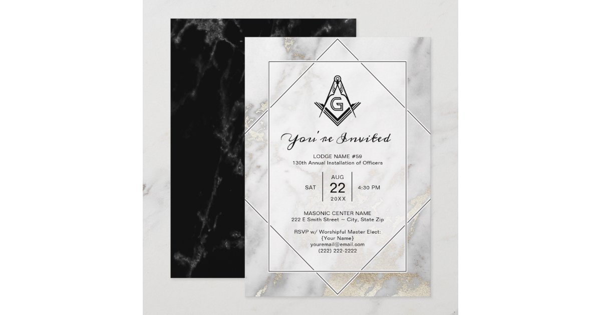 Elegant White Marble Gold Masonic Invitations | Zazzle