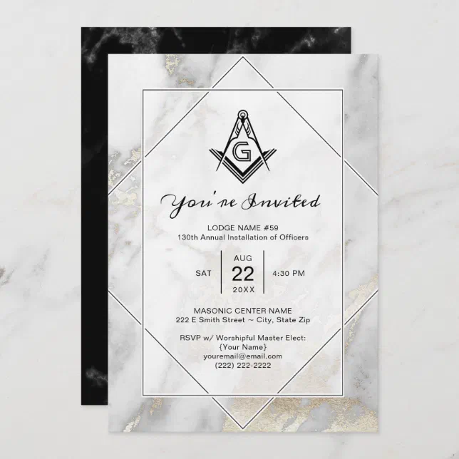 Elegant White Marble Gold Masonic Invitations | Zazzle
