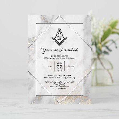 Elegant White Marble Gold Masonic Invitations | Zazzle