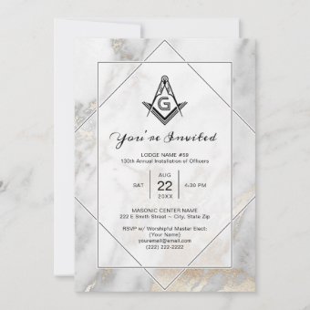Elegant White Marble Gold Masonic Invitations | Zazzle