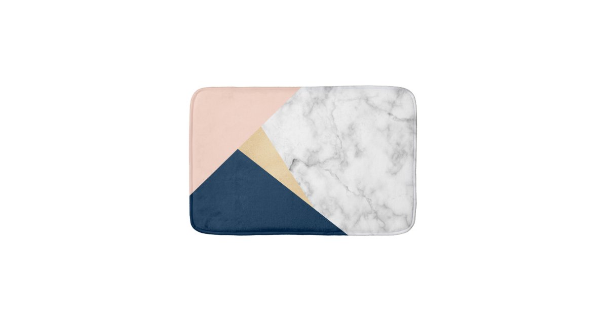 elegant white marble gold peach blue color block bath mat | Zazzle