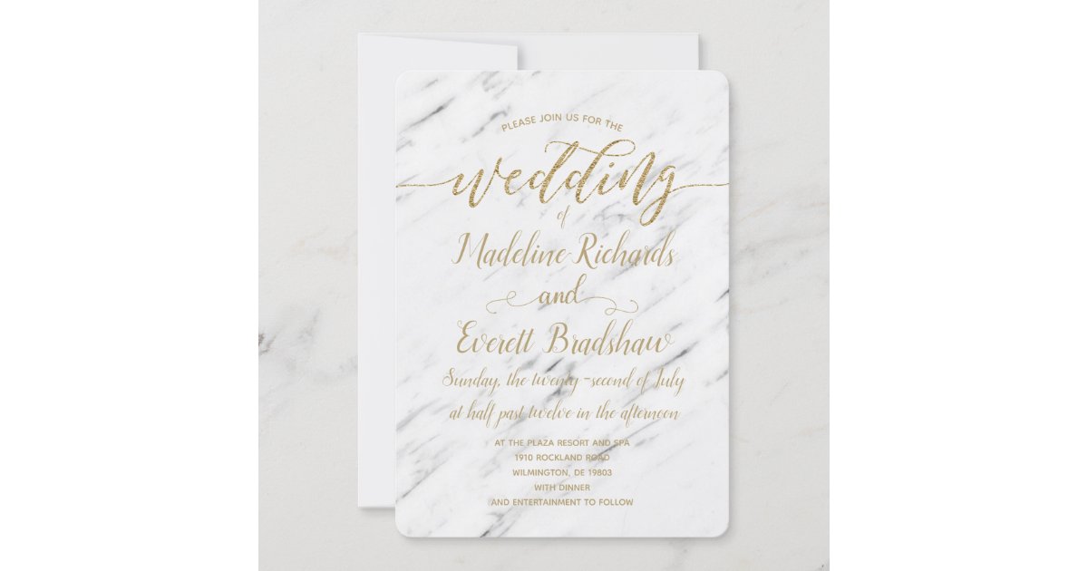 Elegant White Marble & Gold Wedding Invitation | Zazzle
