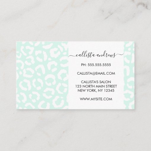 Elegant White Mint Leopard Cheetah Animal Print Business Card | Zazzle