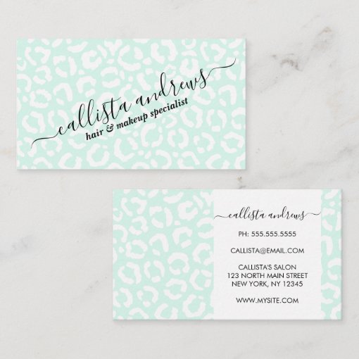 Elegant White Mint Leopard Cheetah Animal Print Business Card | Zazzle