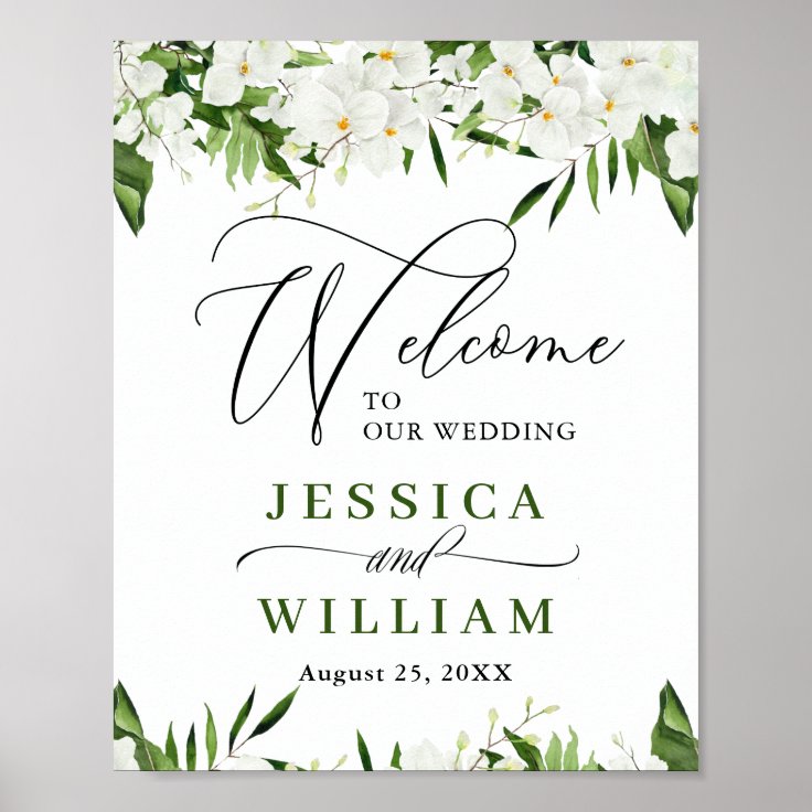 Elegant White Orchids Bohemian Wedding Welcome Poster | Zazzle