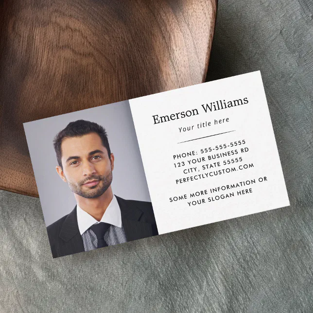 Elegant White Photo And Custom Logo Business Card Zazzle