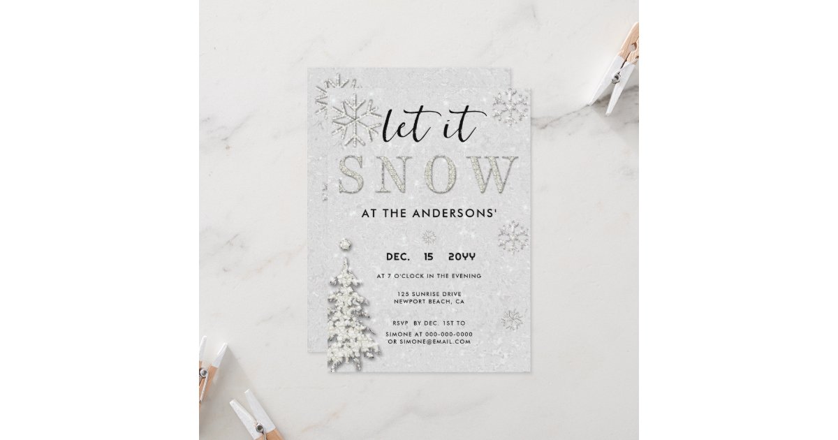 Elegant White Rhinestone Holiday Let It Snow Party Invitation | Zazzle