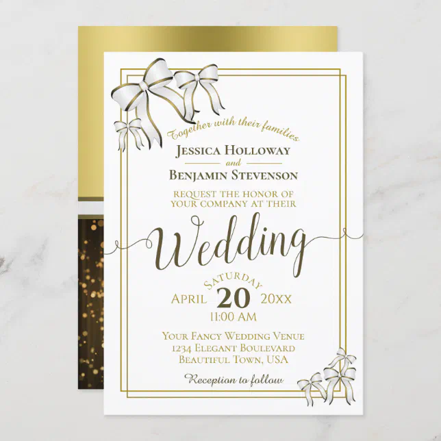 Elegant White Ribbons Gold Wedding Invitation | Zazzle