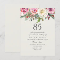 Elegant White Rose Floral 85th Birthday Invite | Zazzle