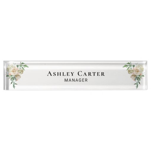 Elegant White Rose Floral Watercolor Manager Desk Name Plate | Zazzle