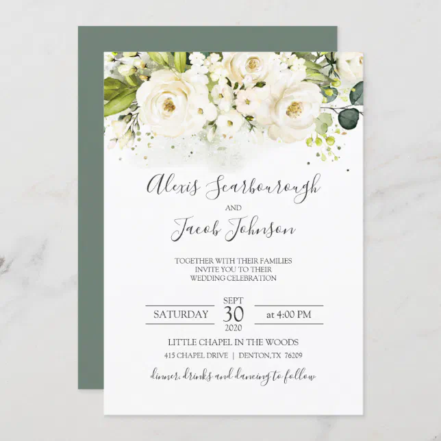 Elegant White Rose & Gold Cursive Wedding Invitation | Zazzle