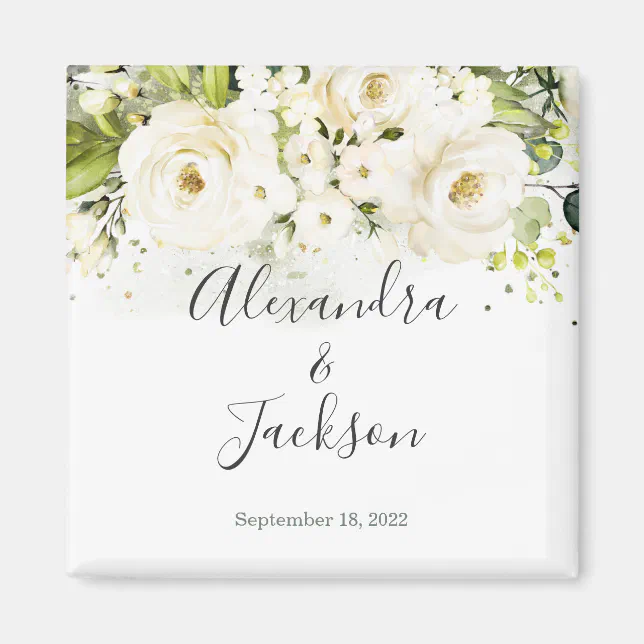Elegant White Rose & Gold Cursive Wedding Magnet | Zazzle