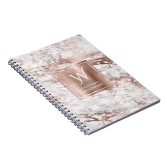 Elegant White Rose Gold Marble Monogram Notebook | Zazzle