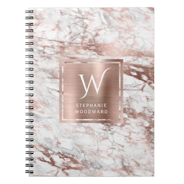 Elegant White Rose Gold Marble Monogram Notebook | Zazzle