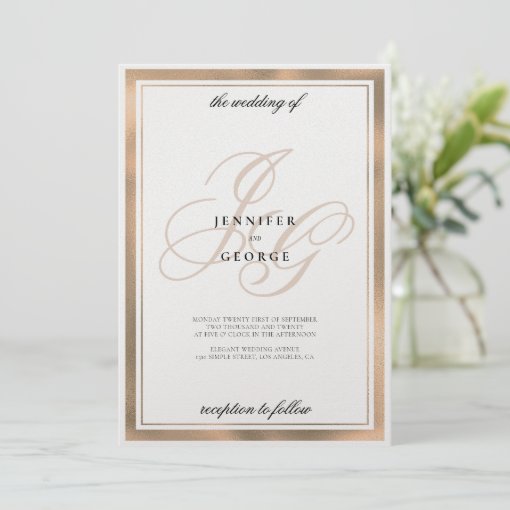 Elegant white rose gold monogram initials wedding invitation | Zazzle