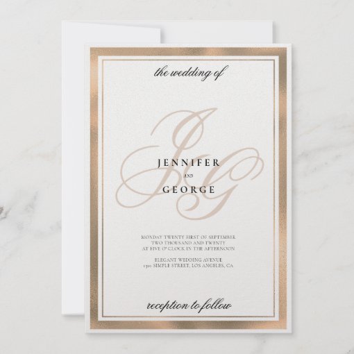 Elegant white rose gold monogram initials wedding invitation | Zazzle