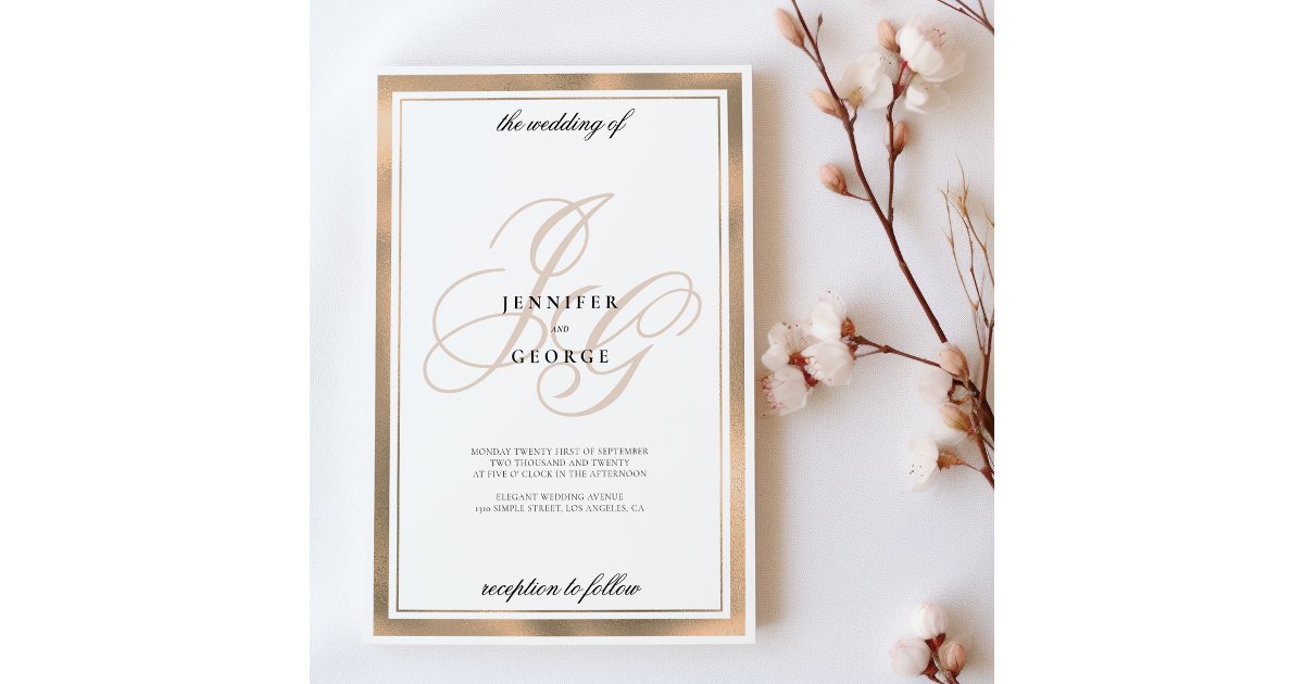 Elegant white rose gold monogram initials wedding invitation | Zazzle