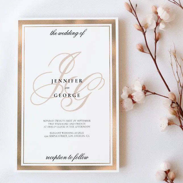 Elegant white rose gold monogram initials wedding invitation | Zazzle