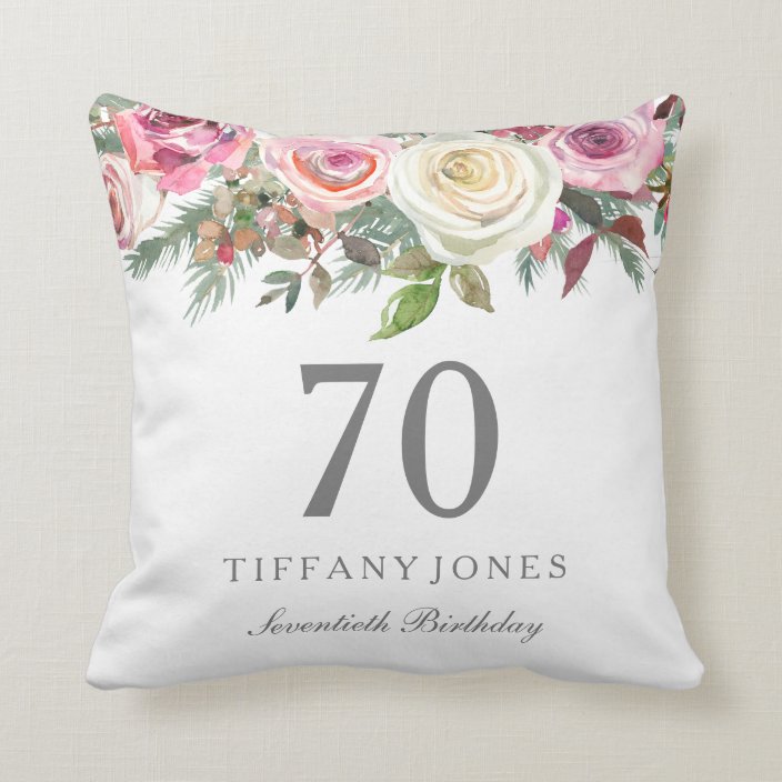 Elegant White Rose Pink Floral 70th Birthday Throw Pillow | Zazzle.com