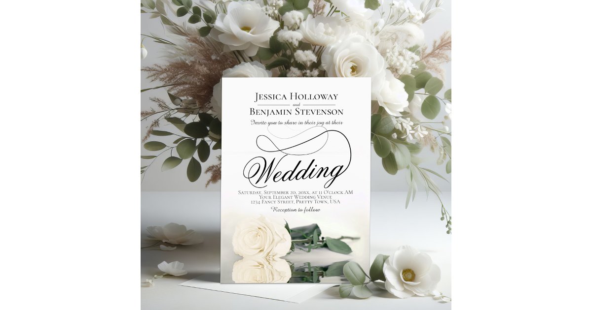 Elegant White Rose Reflection Romantic Wedding Invitation | Zazzle