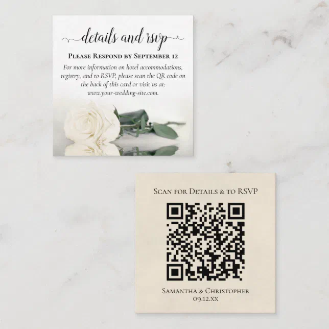 Elegant White Rose Wedding Details & RSVP QR Code Enclosure Card | Zazzle