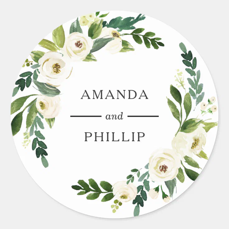 Elegant White Roses Greenery Wedding Round Sticker | Zazzle
