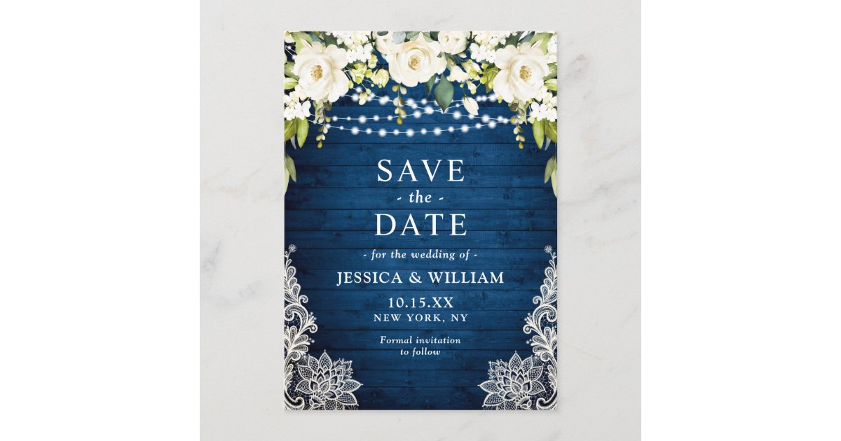 Elegant White Roses Lace Rustic Blue Wood Wedding Save The Date | Zazzle